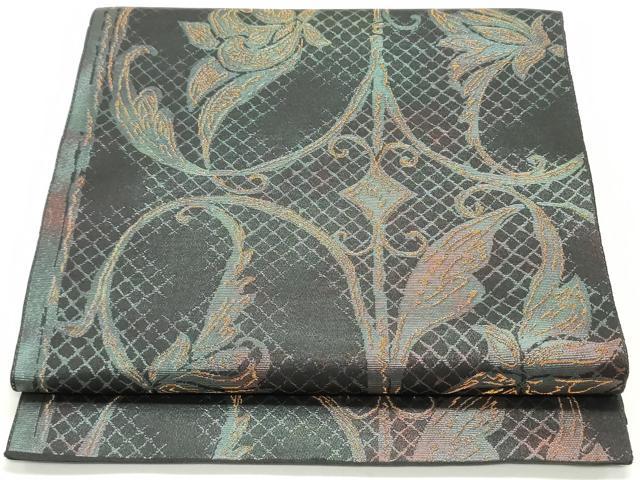 平和屋着物●六通柄　本袋帯　更紗花唐草間道　黒地　金糸　正絹　逸品　DAAW6686ob