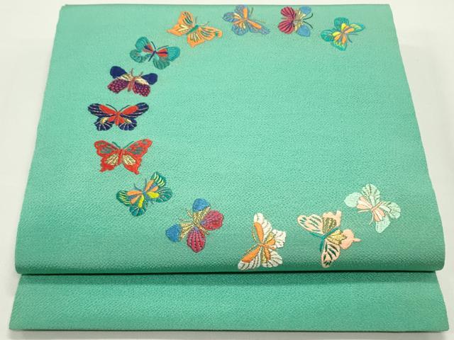 平和屋着物●九寸開き名古屋帯　総刺繍　舞蝶文　若竹色　金糸　鬼しぼ縮緬　正絹　逸品　DAAW6729ob