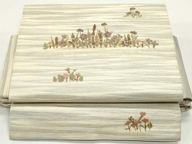 平和屋着物●ワンタッチつけ帯　螺鈿箔　押し花　百花繚乱　正絹　逸品　未使用　DAAW6739ob