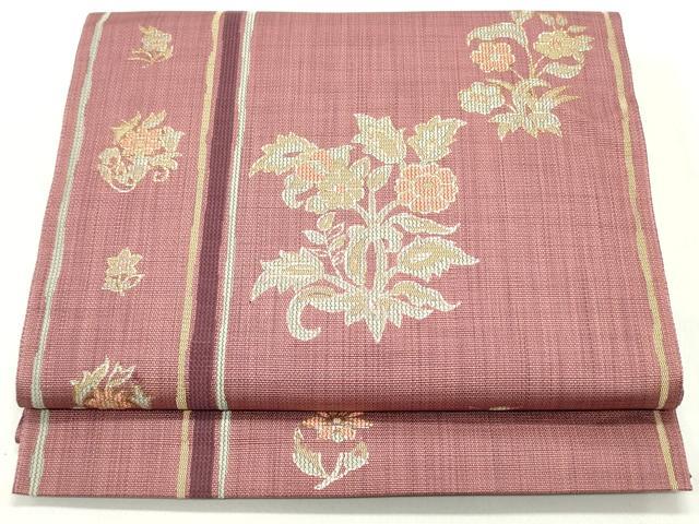 平和屋着物●八寸名古屋帯　紬地　更紗花唐草間道　金糸　正絹　逸品　未使用　DAAW6740ob