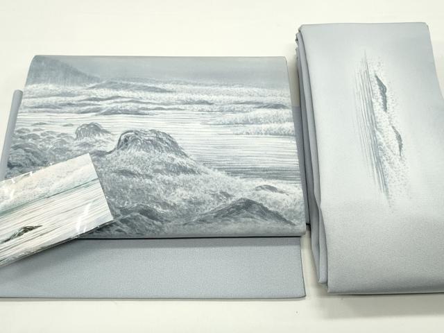 平和屋着物●つけ帯　手描き　流水風景文　淡藤色　正絹　逸品　未使用　DAAW6742ob