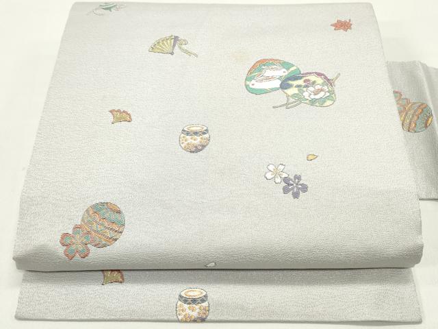 平和屋着物●九寸名古屋帯　唐織　わらべ詩　牡丹鼠色　金糸　正絹　逸品　DAAW6751ob