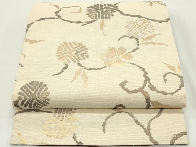 平和屋着物●両面　六通柄京袋帯　紬地　花唐草文　金糸　正絹　逸品　DAAW6752ob