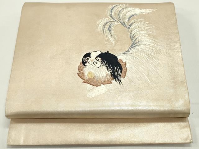 平和屋着物●九寸開き名古屋帯　総刺繍　狆　金糸　正絹　逸品　DAAW6814ob