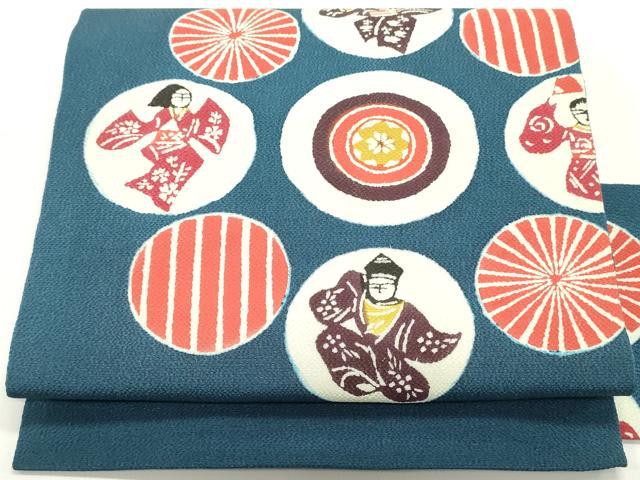 平和屋着物●九寸名古屋帯　型染め　人物抽象花丸文　熨斗目花色　鬼しぼ縮緬　正絹　逸品　DAAW6821ob