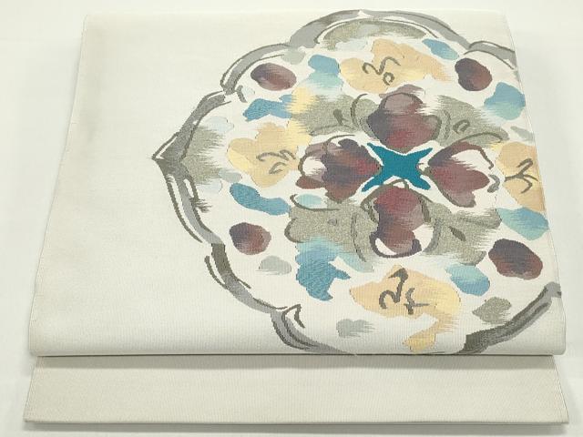 平和屋着物●爪掻き本綴れ　八寸名古屋帯　作家物　正倉院花文　灰白色　金糸　正絹　逸品　DAAW6825ob