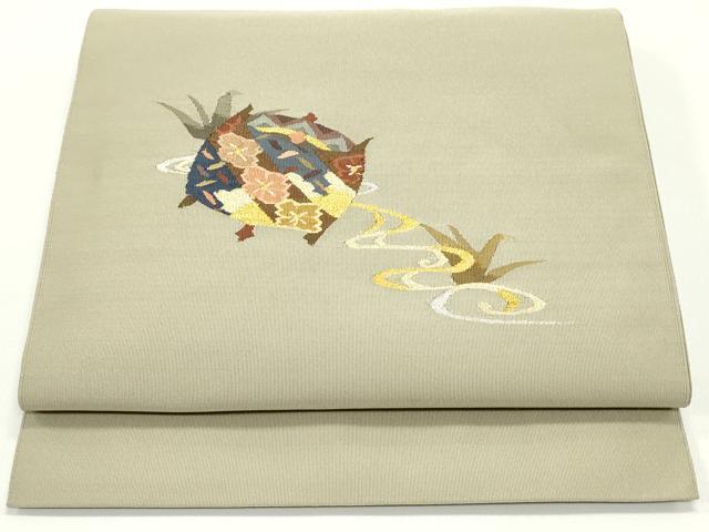 平和屋着物●爪掻き本綴れ　八寸名古屋帯　流水糸巻き折り鶴文　砂色　金銀糸　正絹　逸品　DAAW6828ob