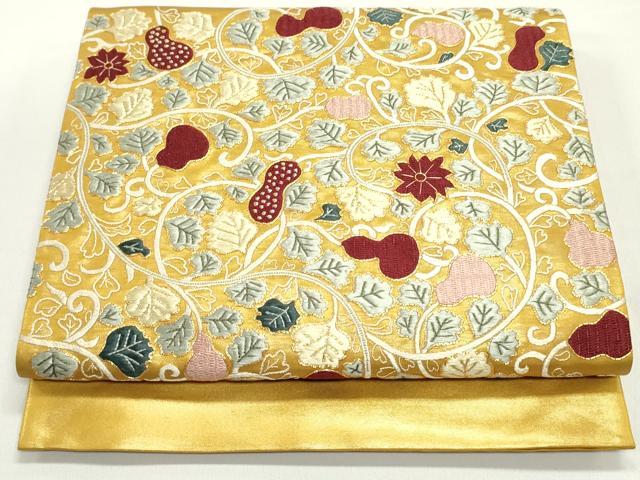 平和屋着物●太鼓柄袋帯　駒刺繍　総刺繍　瓢箪　蔦の葉文　金糸　引箔　正絹　逸品　DAAW6832ob