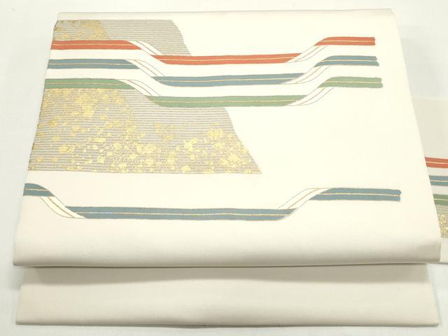 平和屋着物●塩瀬　九寸名古屋帯　抽象横段文　生成り色　金彩　正絹　逸品　DAAW6835ob