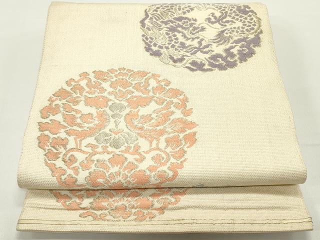 平和屋着物●アンティーク　大正ロマン　六通柄　本袋帯　唐織　龍　鳳凰正倉院更紗花文　肌色　金糸　正絹　逸品　DAAW6841ob