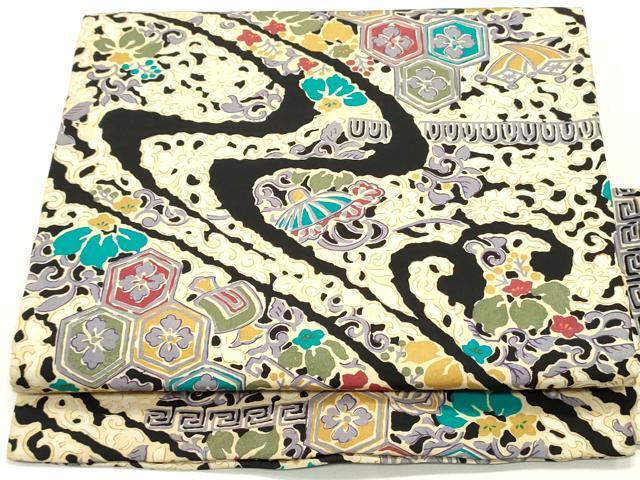 平和屋着物●アンティーク　大正ロマン　塩瀬　全通柄九寸名古屋帯　流水亀甲更紗花唐草文　黒地　正絹　逸品　DAAW6843ob