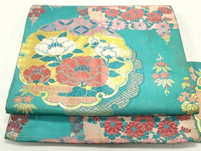 平和屋着物●アンティーク　大正ロマン　九寸名古屋帯　唐織　色紙重ね雪輪草花文　浅葱色　金糸　正絹　逸品　DAAW6845ob