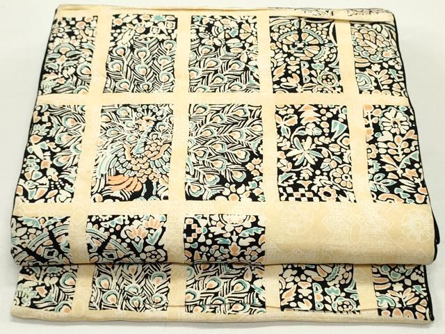 平和屋着物●アンティーク　大正ロマン　全通柄京袋帯　引き抜き帯　作家物　刺繍　短冊孔雀羽更紗花文　正絹　逸品　DAAW6850ob