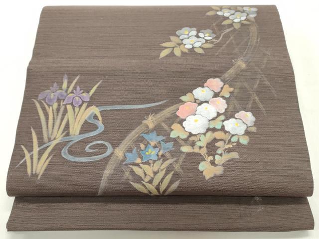 平和屋着物●九寸開き名古屋帯　手描き　紬地　流水籬草花文　正絹　逸品　DAAW6859ob