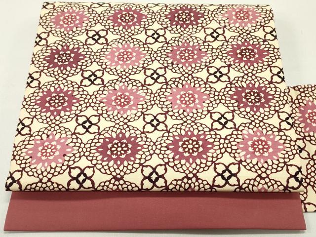 平和屋着物●塩瀬　全通柄九寸名古屋帯　型染め　花間道　正絹　逸品　DAAW6863ob
