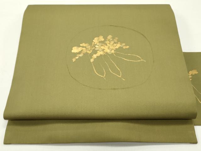 平和屋着物●塩瀬　九寸名古屋帯　手描き　成り物丸文　梅幸茶色　金彩　三越扱い　正絹　逸品　DAAW6868ob