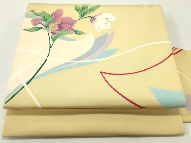 平和屋着物●塩瀬　九寸名古屋帯　草花文　蜂蜜色　正絹　逸品　DAAW6877ob
