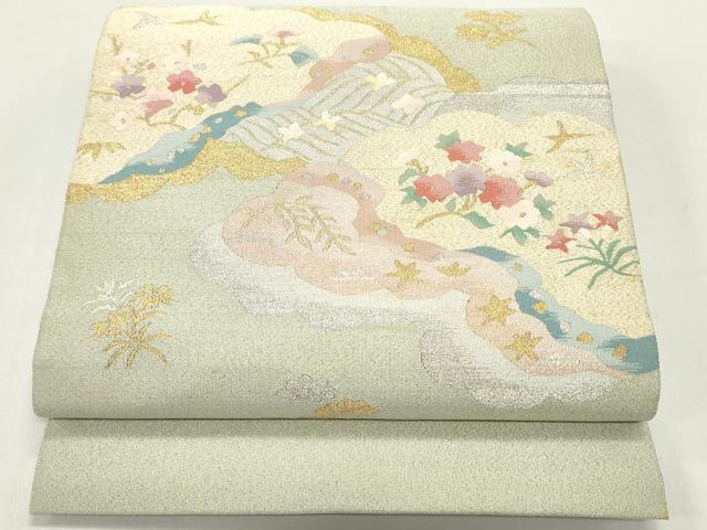 平和屋着物●爪掻き本綴れ　八寸名古屋帯　雲取り流水花鳥文　金銀糸　逸品　DAAW6922ob