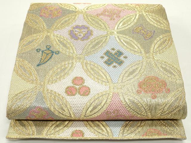 平和屋着物●六通柄袋帯　唐織　七宝花文　金糸　正絹　逸品DAAW6923ob