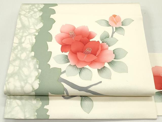 平和屋着物●塩瀬　九寸名古屋帯　手描き　枝椿間道　生成り色　正絹　逸品　DAAW6929ob