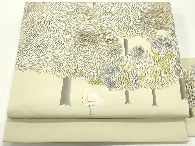 平和屋着物●塩瀬　九寸名古屋帯　手描き　樹林鳥文　木蘭色　正絹　逸品　DAAW6949ob