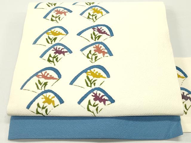 平和屋着物●塩瀬　九寸名古屋帯　絞り　型染め　扇面花間道　象牙色　正絹　逸品　DAAW6951ob