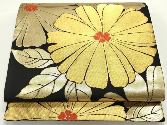 平和屋着物●西陣　河合美術織物謹製　六通柄袋帯　唐織　豊明錦　草花文　黒地　金糸　正絹　逸品　DAAW6972ob