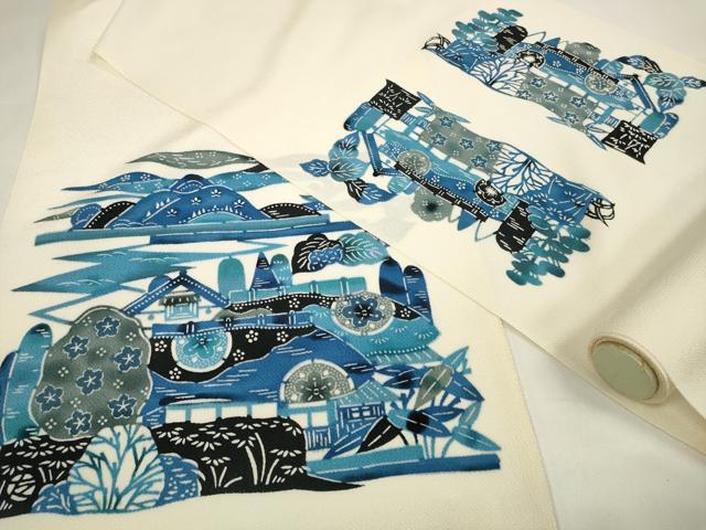 平和屋着物●名古屋帯　帯反物　紅型　草木手染　風景飛鳥文　逸品　未使用　DAAW7466zzz