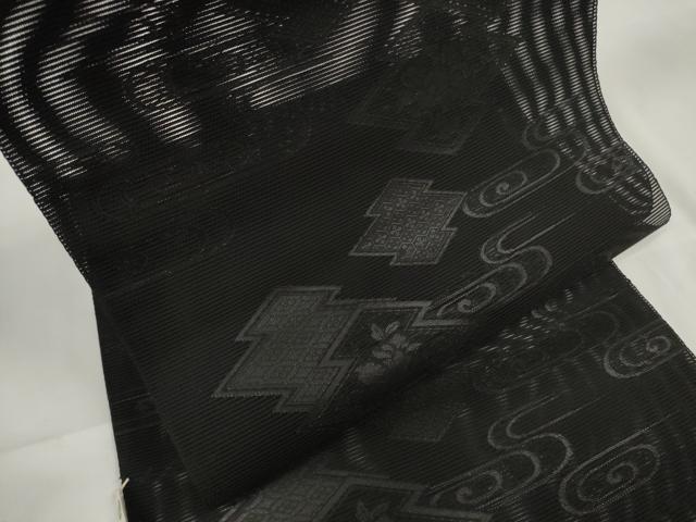 平和屋着物＊夏物　名古屋帯　帯反物　黒共帯　絽　五倍子染　松皮菱流水花文　健勝苑扱い　逸品　未使用　DAAW7825zzz