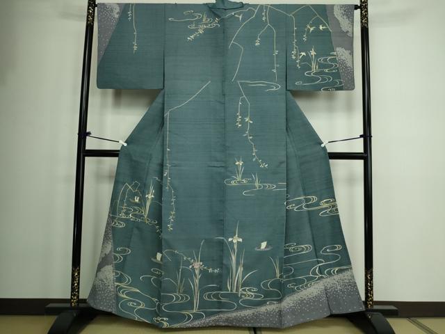 平和屋着物▽訪問着　単衣　生紬　流水草花文　正絹　逸品　DAAW9199sf