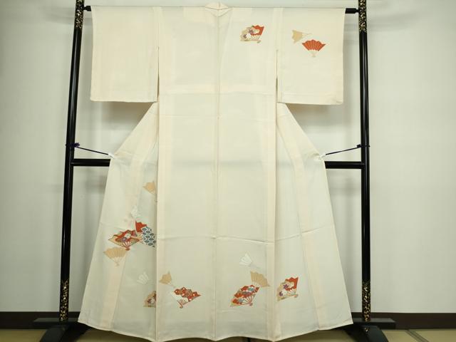 平和屋着物▽訪問着　単衣　駒刺繍　舞扇花文　金彩　正絹　逸品　DAAW9230sf