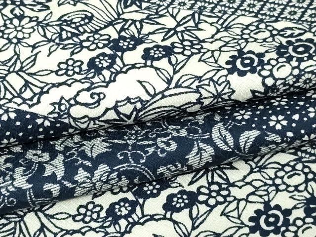 平和屋着物▽上質な小紋　単衣　藍　型染め　花唐草文　正絹　逸品　DAAW9428sf