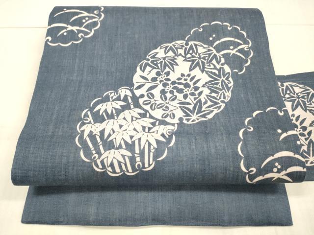 平和屋着物＊夏物　九寸名古屋帯　雪輪笹竹草花文　正絹　逸品　DAAX0012cm