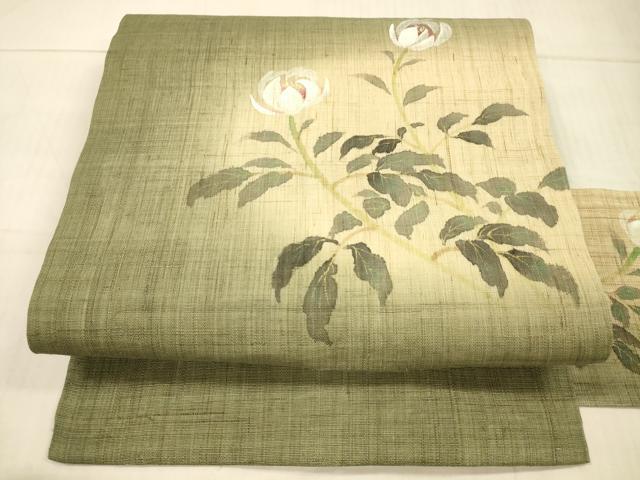 平和屋着物＊夏物　染色作家　桐山紫香　手描き　九寸名古屋帯　草花文　金糸　麻　逸品　DAAX0024cm