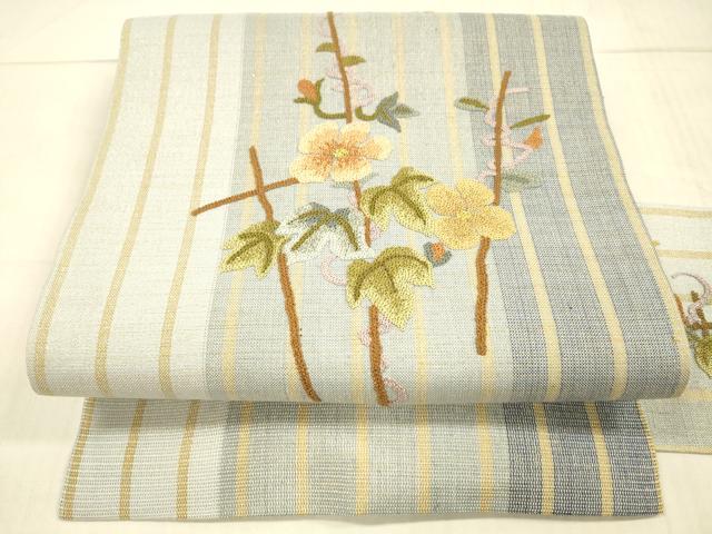 平和屋着物＊夏物　中国三大刺繍　相良刺繍　総刺繍　九寸名古屋帯　蜻蛉草花文　金糸　正絹　逸品　DAAX0026cm