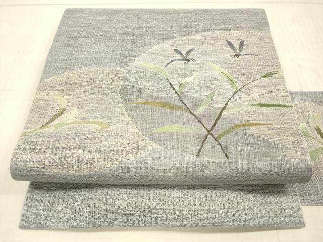 平和屋着物＊夏物　九寸名古屋帯　蜻蛉草葉文　正絹　逸品　DAAX0027cm