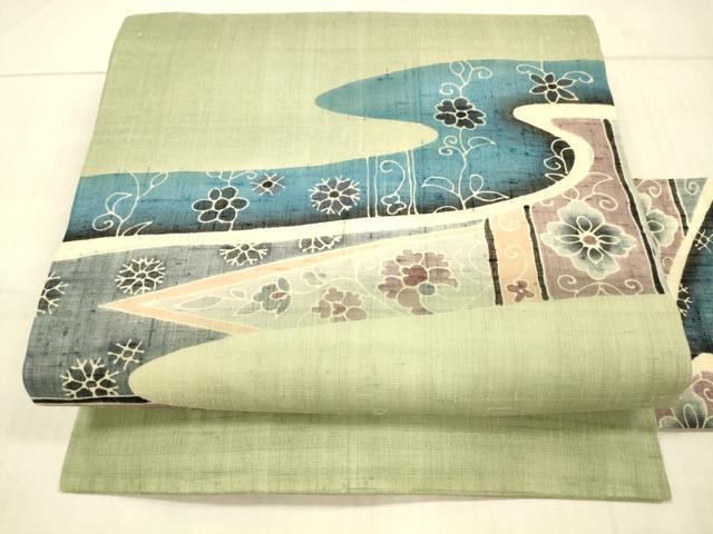 平和屋着物＊夏物　九寸名古屋帯　流水草花文　麻　逸品　DAAX0030cm