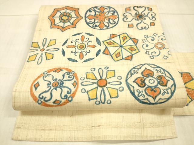 平和屋着物＊夏物　九寸名古屋帯　生紬　手描き　抽象文様　正絹　逸品　DAAX0031cm