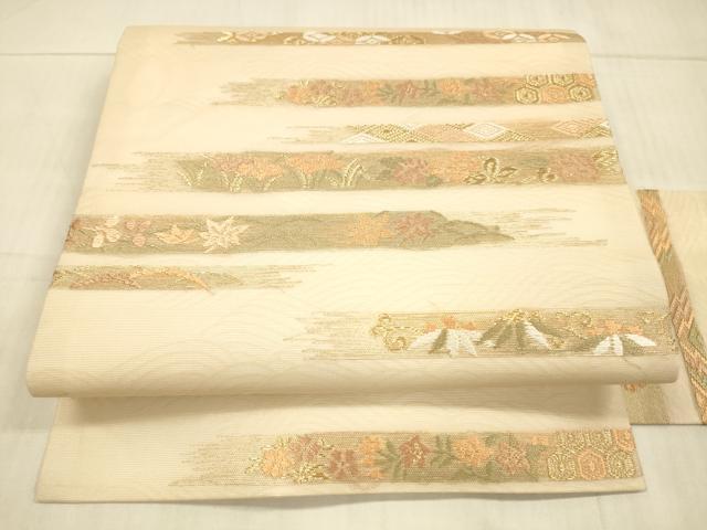 平和屋着物＊夏物　九寸名古屋帯　唐織　横段草花文　金糸　正絹　逸品　DAAX0032cm