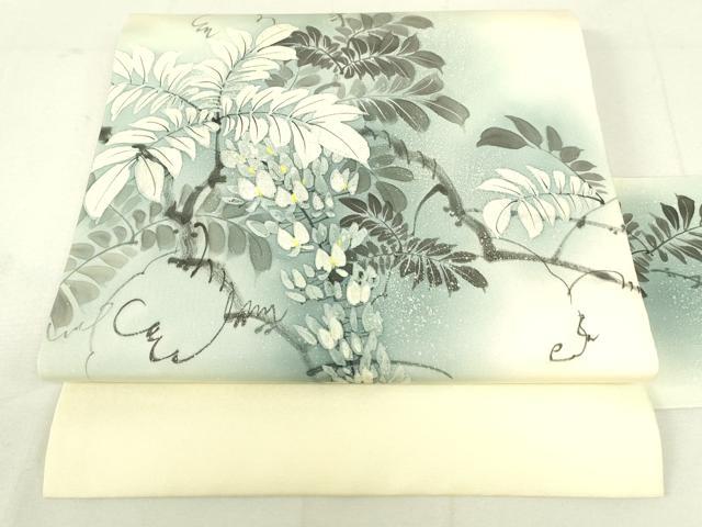 平和屋着物●塩瀬　九寸名古屋帯　手描き　枝葉文　正絹　逸品　DAAX0048cm