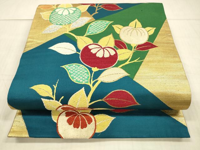 平和屋着物●アンティーク　大正ロマン　九寸開き名古屋帯　刺繍　鹿の子枝花文　金銀糸　正絹　逸品　DAAX0059cm