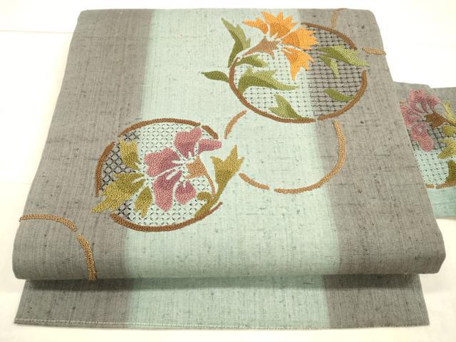 平和屋着物●中国三大刺繍　相良刺繍　総刺繍　九寸名古屋帯　紬地　草花文　正絹　逸品　DAAX0061cm