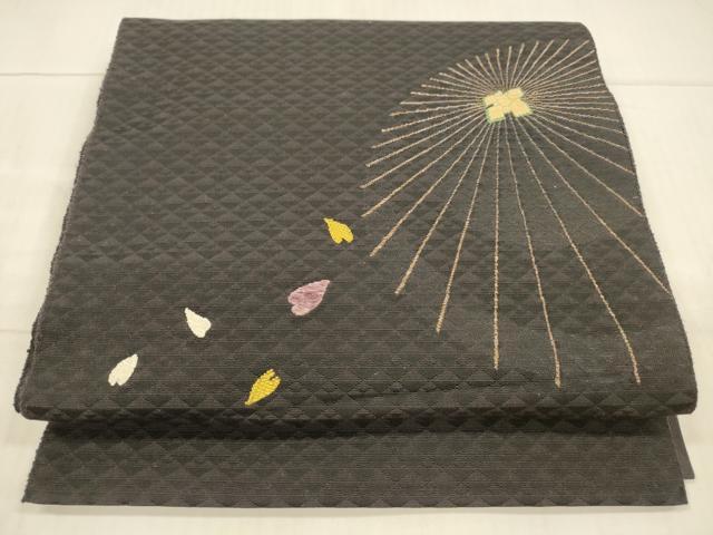 平和屋着物●八寸名古屋帯　刺繍　舞花文　番傘　鈴乃屋扱い　正絹　逸品　DAAX0067cm