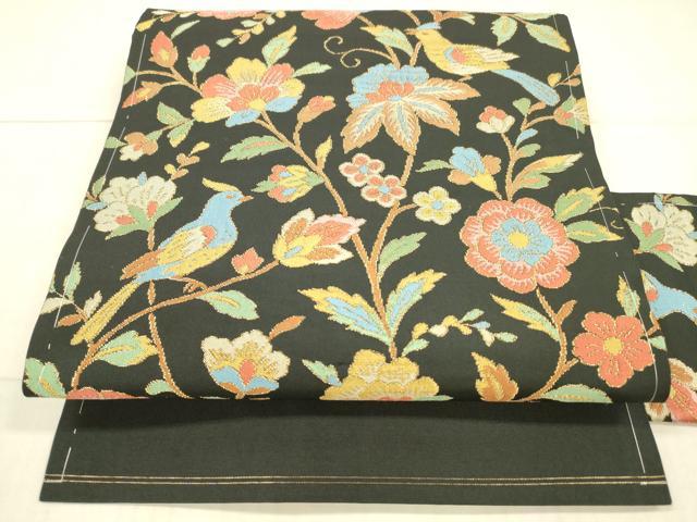 平和屋着物●九寸名古屋帯　花鳥文　黒地　金糸　正絹　逸品　DAAX0069cm