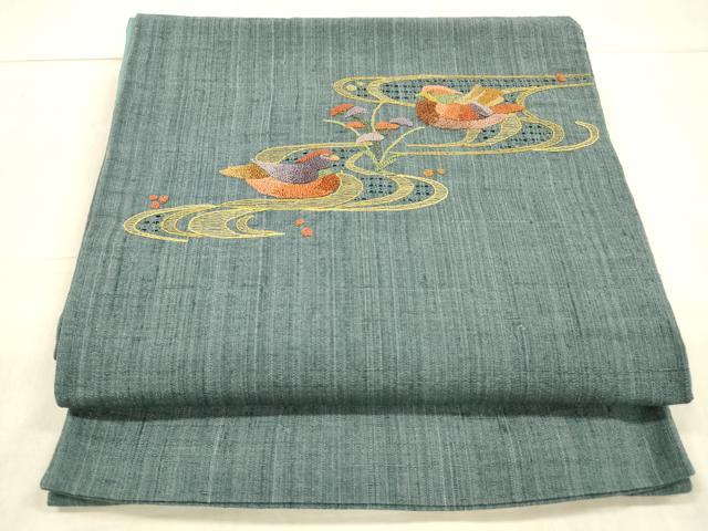 平和屋着物●中国三大刺繍　相良刺繍　九寸開き名古屋帯　紬地　流水鴛鴦文　正絹　逸品　DAAX0070cm