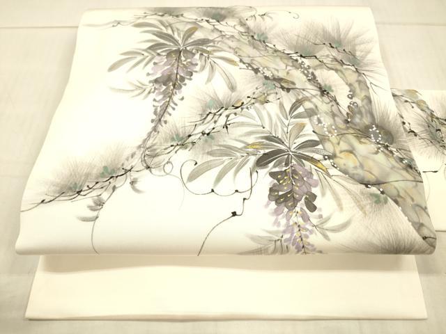 平和屋着物●塩瀬　九寸名古屋帯　手描き　藤花房松文　金銀彩　さが美扱い　正絹　逸品　DAAX0086cm