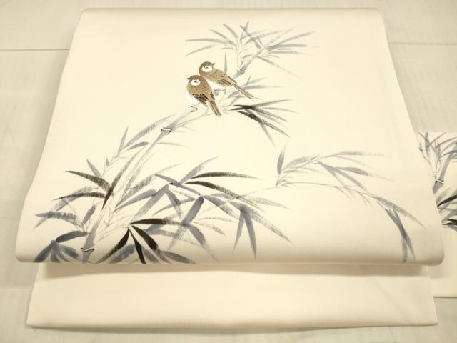 平和屋着物●九寸名古屋帯　作家物　手描き　笹竹文　雀　正絹　逸品　DAAX0089cm