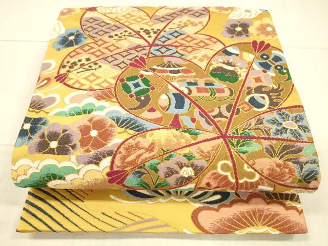 平和屋着物●西陣　白綾苑大庭　六通柄袋帯　流水宝尽くし花松文　金糸　正絹　逸品　DAAX0091cm
