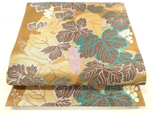 平和屋着物●皇室デザイナー　中村乃武夫　六通柄袋帯　唐織　葡萄蔦の葉文　金糸　やまと誂製　正絹　逸品　DAAX0098cm