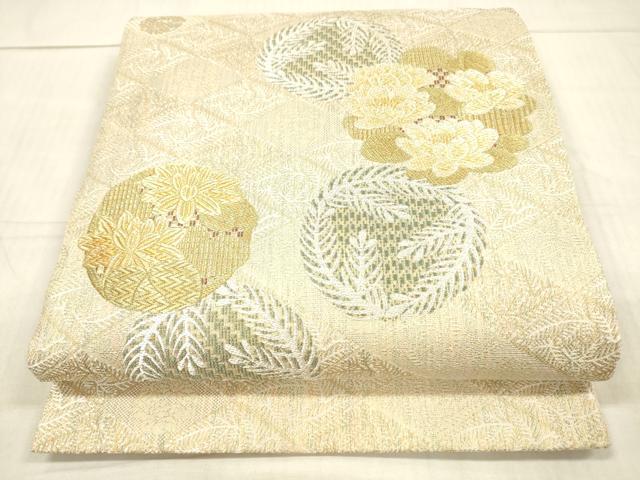 平和屋着物●両面　全通柄袋帯　手描きラテン染系　唐織　草花文　人物文字文　金銀糸　正絹　逸品　DAAX0099cm